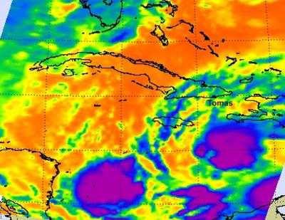 NASA Infrared Image of Tropical Storm Tomas's Thunderstorms [IMAGE ...
